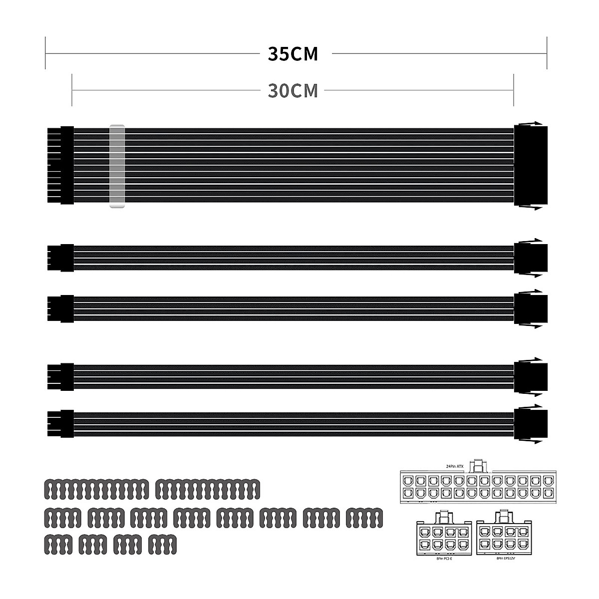 𝘽𝙡𝙖𝙘𝙠 𝙎𝙡𝙚𝙚𝙫𝙚𝙙 𝘾𝙖𝙗𝙡𝙚𝙨 35CM PSU Extension Cable Kit Modular PSU Cables ATX Power Supply 18AWG ATX Extra-Sleeved 24-PIN 8-PIN PCI-E (6+2) EPS (4+4) 5 Pack with Power Combs