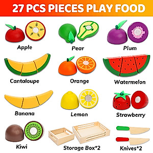 BAODLON Wooden Cutting Fruit Set - Wooden Play Food Toys for Kids Kitchen, Multi Play Food Kitchen Accessory with 2 Trays, Play Fake Fruit Toys Birthday Gifts for 3 4 Years Toddler Girl Boy