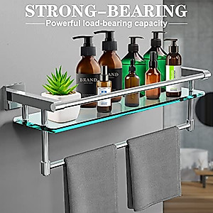 SFGSOWOR 21inch Bathroom Glass Shelf with Towel Bar/Towel Rack Wall Mounted Tempered Glass Shelf Storage Hotel Towel Storage Rack Sus304 Rustproof Stainless Steel Chrome Plated Finish