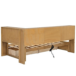 SOFTSEA Twin Size Daybed with Bookcase Headboard & Drawers, L-Shaped Platform Bed with Charging Station, Wood Twin Corner Bed Frame with Storage for Kids Teens Adults, No Box Spring Needed, White