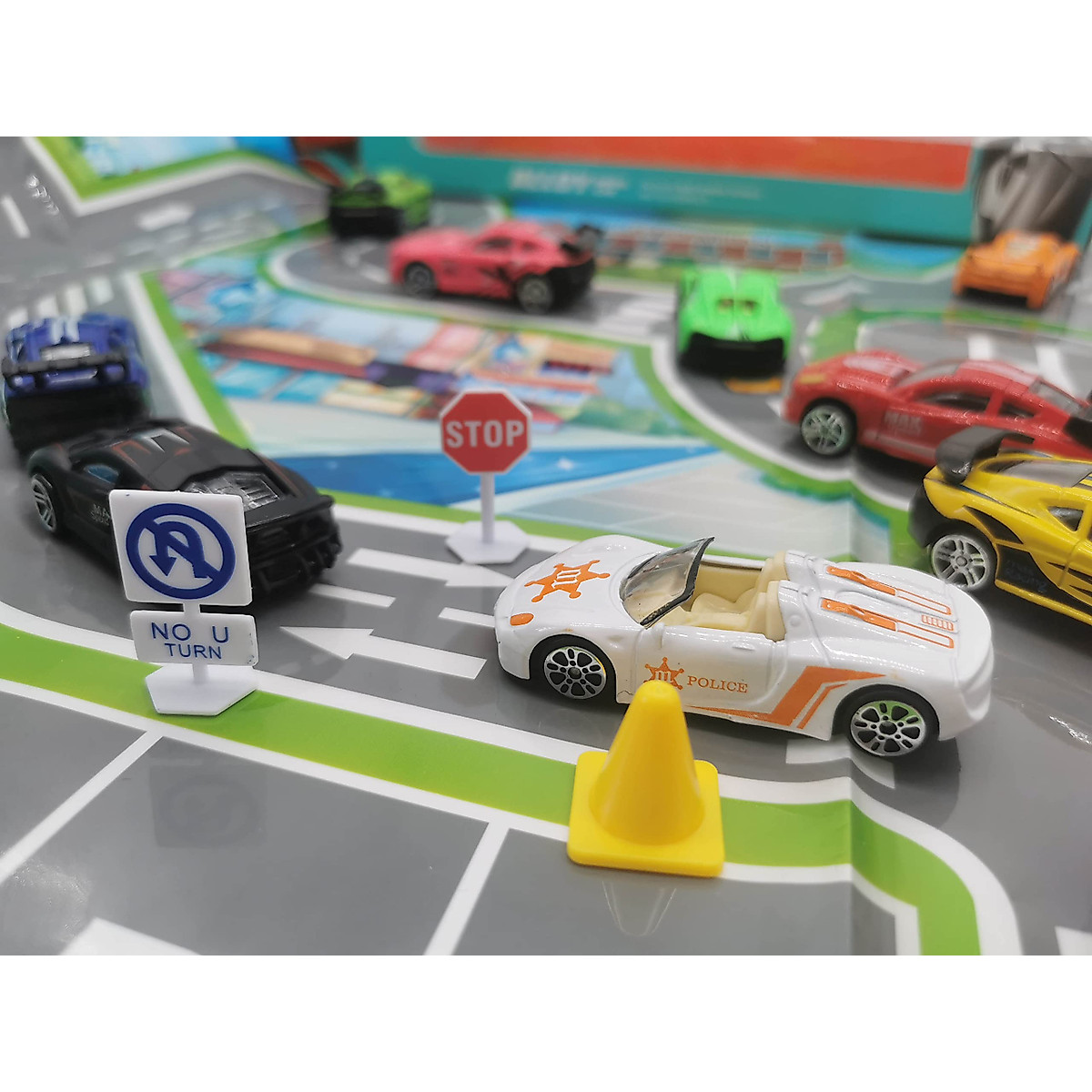 12PCS Cars for Toddlers 1-3, Plastic, with Map Road Signs and Obstacle, Gift for Boys and Girls