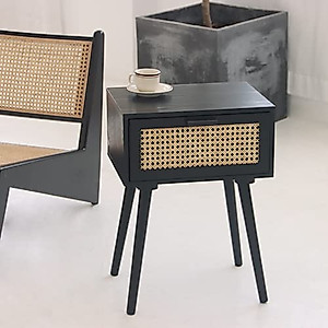 AWASEN Mid Century Nightstand with Drawer, Rattan Side Table for Living Room, Bedroom and Small Space, Solid Wood Legs & Natural Rattan Bedside Table, Easy Assembly (Black)