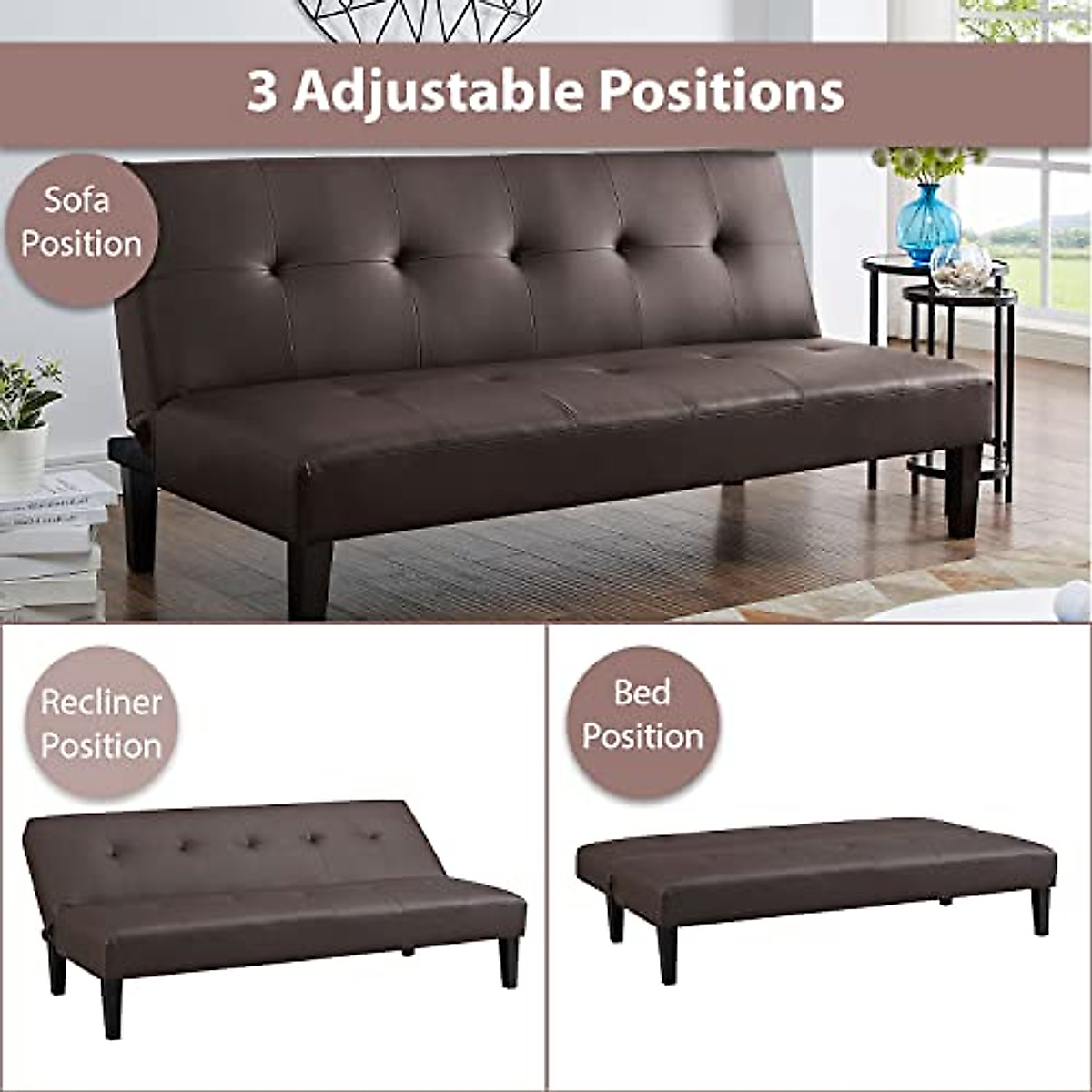 Naomi Home Button Tufted Futon Sofa Bed Pull Out Sofa Bed Couch Convertible with Wooden Legs, Folding, Reclining Small Couch Bed, Futon Bed for Living Room, Espresso, 53965AM