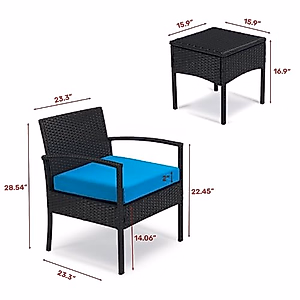 HOMEZILLIONS 3 Piece Patio Set Balcony Furniture Outdoor Patio Conversation Sets Patio Chairs for Patio, Porch, Backyard, Balcony, Poolside and Garden with Coffe Table and Cushions Blue