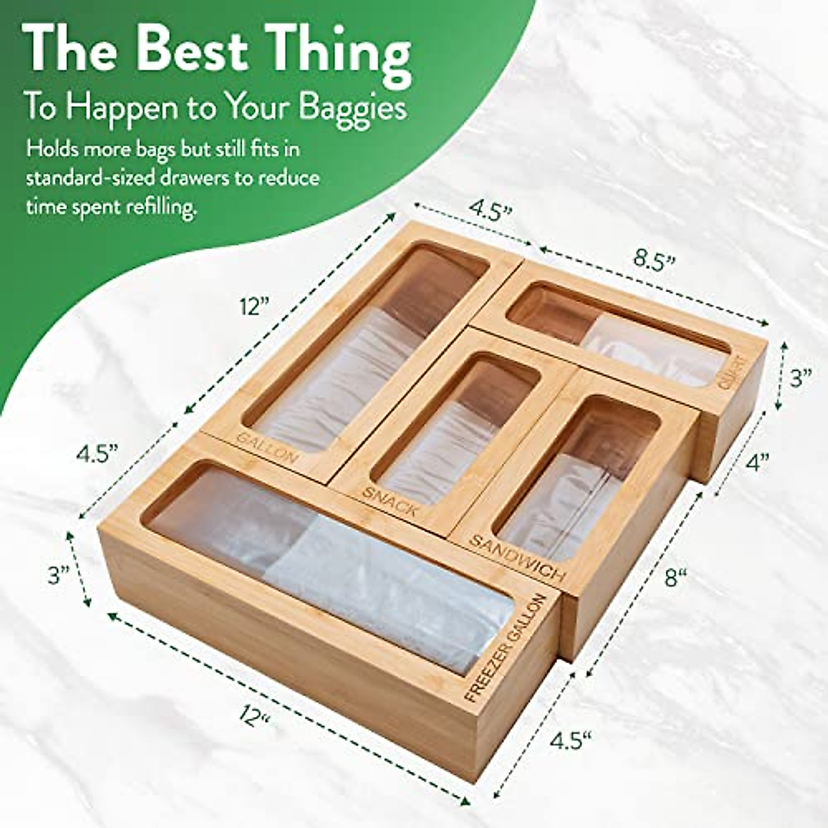 TRAKZA Bamboo Ziplock Bag Organizer for Drawer, Kitchen Storage Bag Organizer, 5 Separate Baggie Organizer for Drawer with Non-Slip Feet and Hanging Holes, kitchen organization and storage