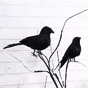 Warmtree 8 Pcs Black Feathered Crows Ravens Statue Black Birds Figurine Handmade Artificial Birds Halloween Crows for Halloween Party Home Garden Decoration Outdoor Indoor Party Supplies Props