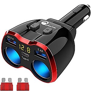 Cigarette Lighter Splitter QC 3.0, 2-Socket USB C Car Charger Adapter Type C Multi Power Outlet 12V/24V 80W DC with LED Voltmeter Switch Dual USB Port for iPhone GPS Dashcam iPad Android Samsung