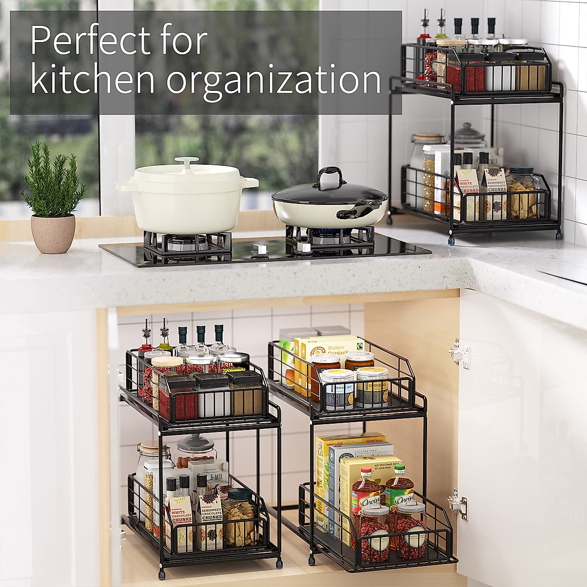 STILLDIO Metal Under Sink Organizer and Storage with 2 Tier Slide Out Wire Baskets Sliding Drawers for Kitchen Bathroom Office Toilet Under Cabinet Shelf Countertop Heavy Duty Collection Space Saver