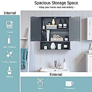 Tangkula Bathroom Cabinet Wall Mounted with Double Mirror Doors, Wood Hanging Cabinet with Doors and Shelves, Bathroom Wall Mirror Cabinet (Gray)