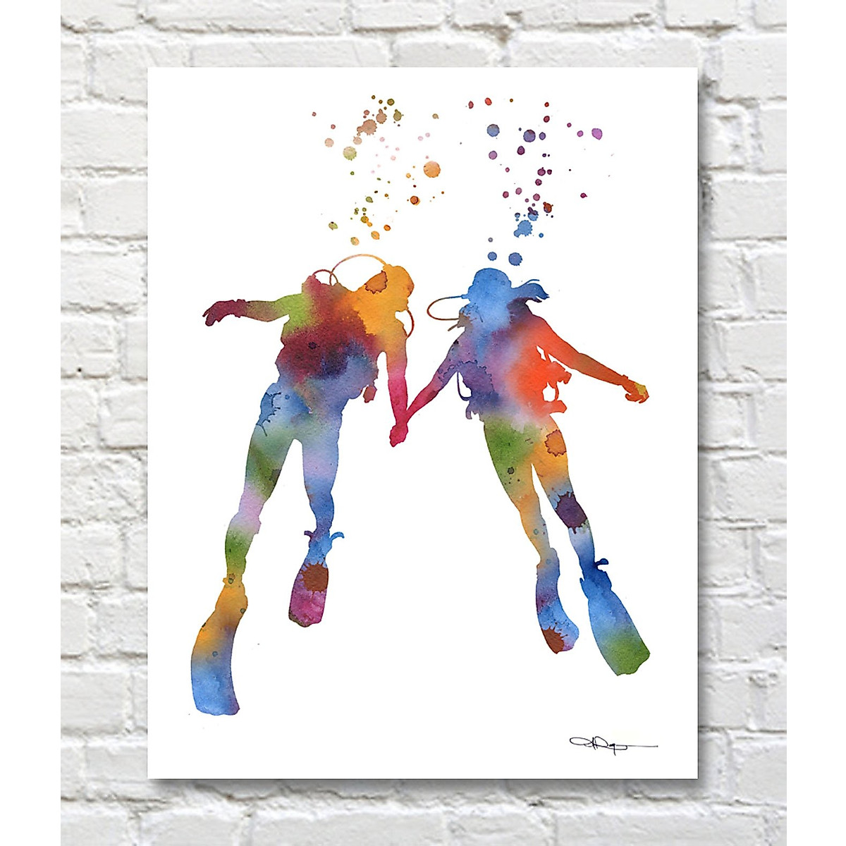 Scuba Divers Abstract Watercolor 11 X 14 Art Print by Artist DJ Rogers