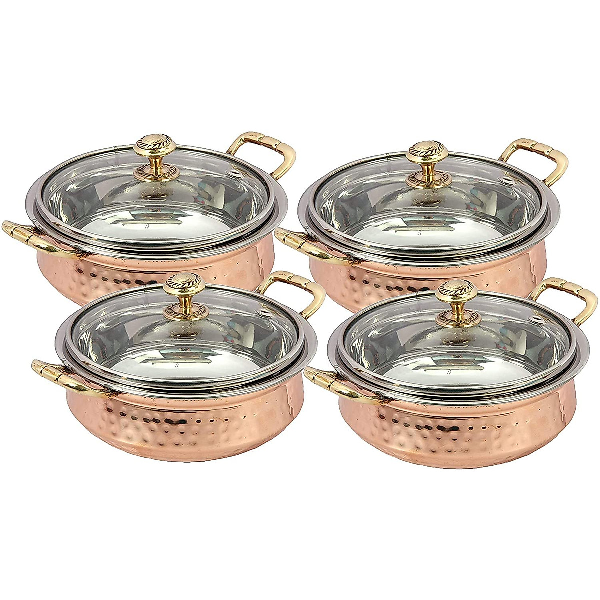 PARIJAT HANDICRAFT Indian Hammered Copper Serving Bowl for Food Soup with Handle and Glass Lid Decorative Small Seveware Pack of 6