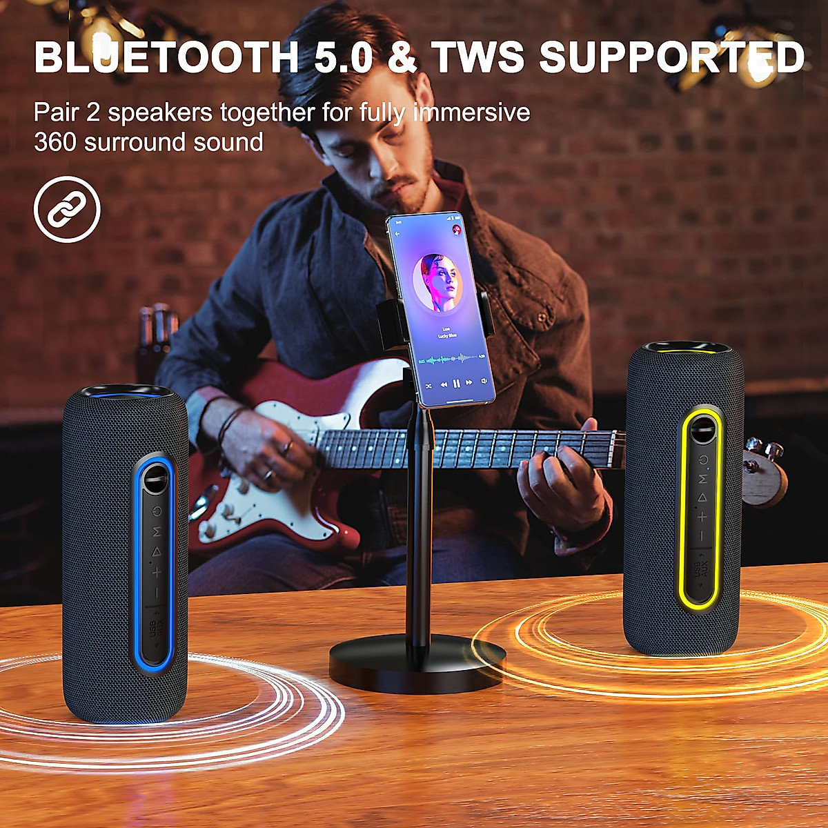 Bobtot Portable Bluetooth Speaker Wireless Speaker, TWS Stereo Sound Bluetooth 5.0 Waterproof IPX5 Built-in Mic with RGB Lights for Home Indoors and Outdoors Party…