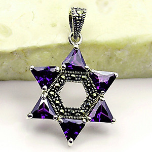 "Jewish Star of David" Sterling Silver Purple CZ, Marcasite Pendant