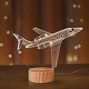 Airplane Night Light 3D Illusion Lamp,Soft Warm Colors Wood Table Lamp for Boys Pilot Gifts with USB Power