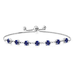 Gem Stone King 2.45 Cttw Blue Created Sapphire Tennis Bracelet For Women In 925 Sterling Silver | Round 4.5MM | Fully Adjustable Up to 9 Inch