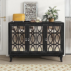 Voohek Glass Mirrored Doors and Adjustable Shelf, Buffet Cabinet with Drop-Shaped Silver Handle for Living, Hallway, Dining Room, Black Sideboard