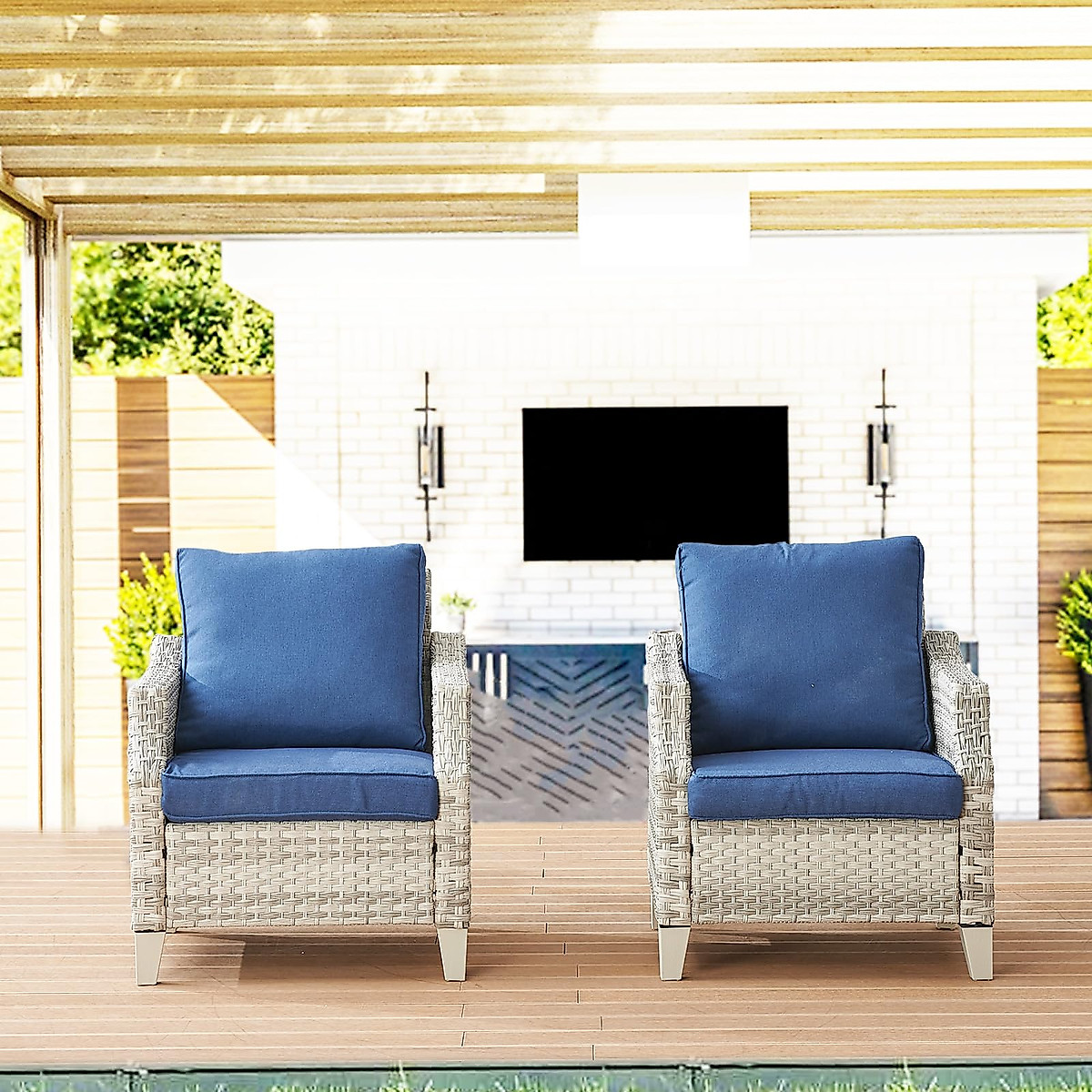 HUMMUH Outdoor Wicker Chairs Patio Dining Chairs Set of 2 PE Wicker Patio Chairs with High Back and Deep Seat, 4 inch Seat Cushions for Garden Porch Backyard (Mixed Grey/Blue)