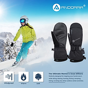 ANDORRA Women's Ski Mittens Womens Snow Gloves Waterproof Gloves Women Winter Mittens for Women Gloves for Women Touchscreen Snow Mittens, Black,S