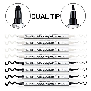 TRANSON 4 Black and 4 White Paint Pens Bold and Fine Dual-tip Acrylic Paint Marker Set for Rock Painting Glass Canvas Wood Leather Ceramic Painting
