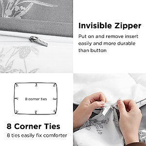 Bedsure Duvet Cover King Size - Reversible Floral Duvet Cover Set with Zipper Closure, Grey Bedding Set, 3 Pieces, 1 Duvet Cover 104"x90" with 8 Corner Ties and 2 Pillowcases 20"x36"