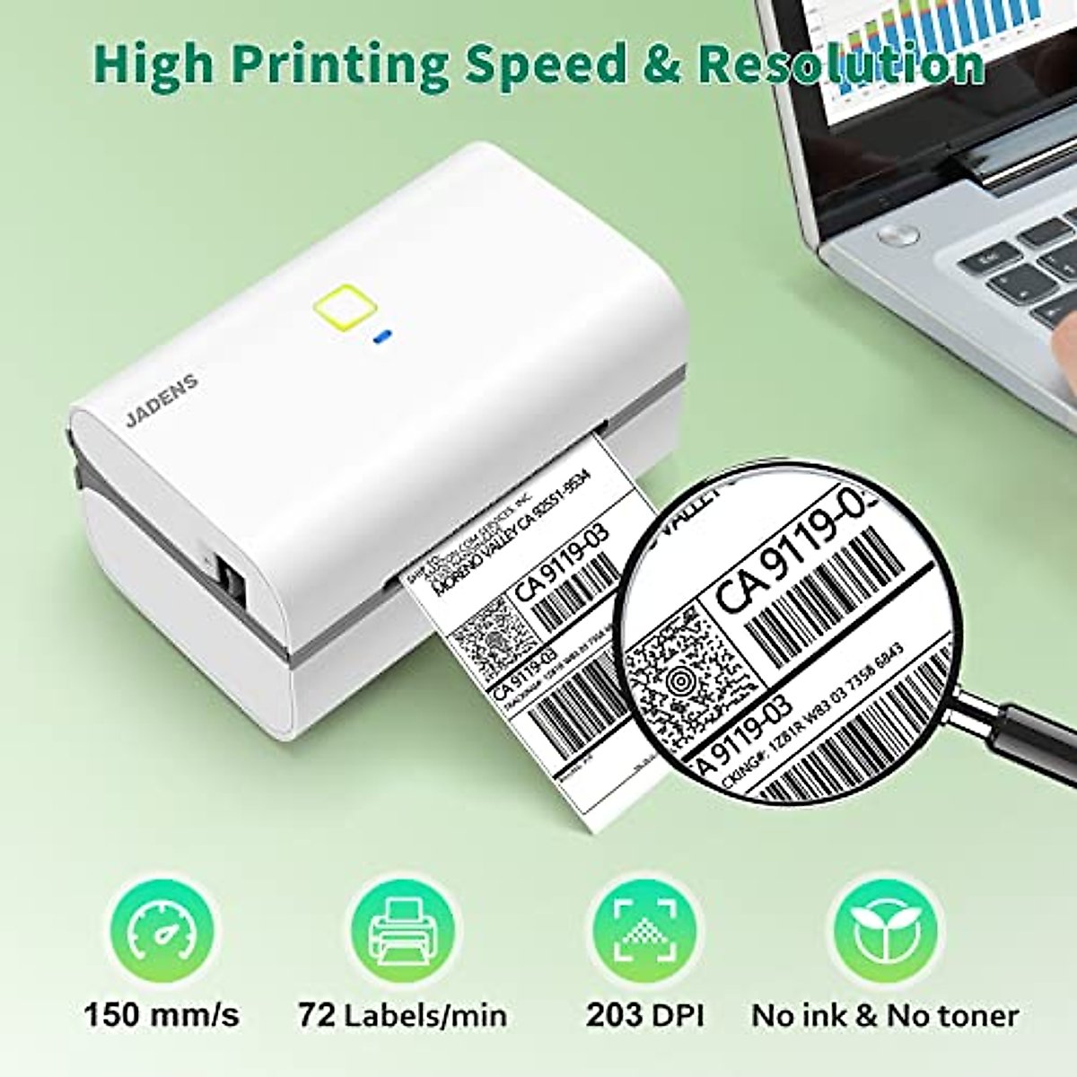 JADENS 3X5 Bluetooth Shipping Label Printer, Thermal Label Printer for Small Packages, Label Maker Machine, Support Windows, Mac, Chromebook, iOS, Android, Compatible with Amazon, Ebay, Etsy, USPS