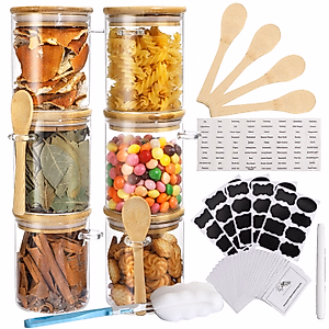Set of 6 Spice Jars with Bamboo Lids, 16oz Glass Jars with Airtight Bamboo Lids & Bamboo Spoons Labels Pen Clean Brush Glass Storage Containers for Pantry Organization,Candy,Cookie, Tea and Spice Jar
