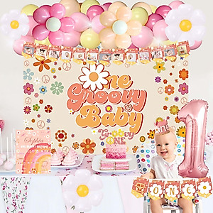 125 PCs Groovy One Party Decorations, Fiesec One Groovy Baby Birthday Decorations Girl Boho Daisy Hippie First Party Backdrop Balloon Garland Monthly Photo Highchair Banner Cake Topper Crown Poster