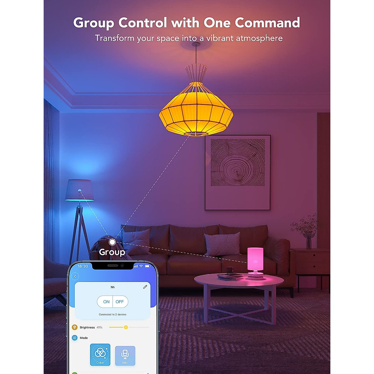 Govee Smart Light Bulbs, WiFi & Bluetooth LED Light Bulbs, RGBWW Color Changing Light Bulbs, 54 Dynamic Scenes, Music Sync, 16 Million DIY Colors Dimmable, Work with Alexa & Google Assistant, 2 Pack
