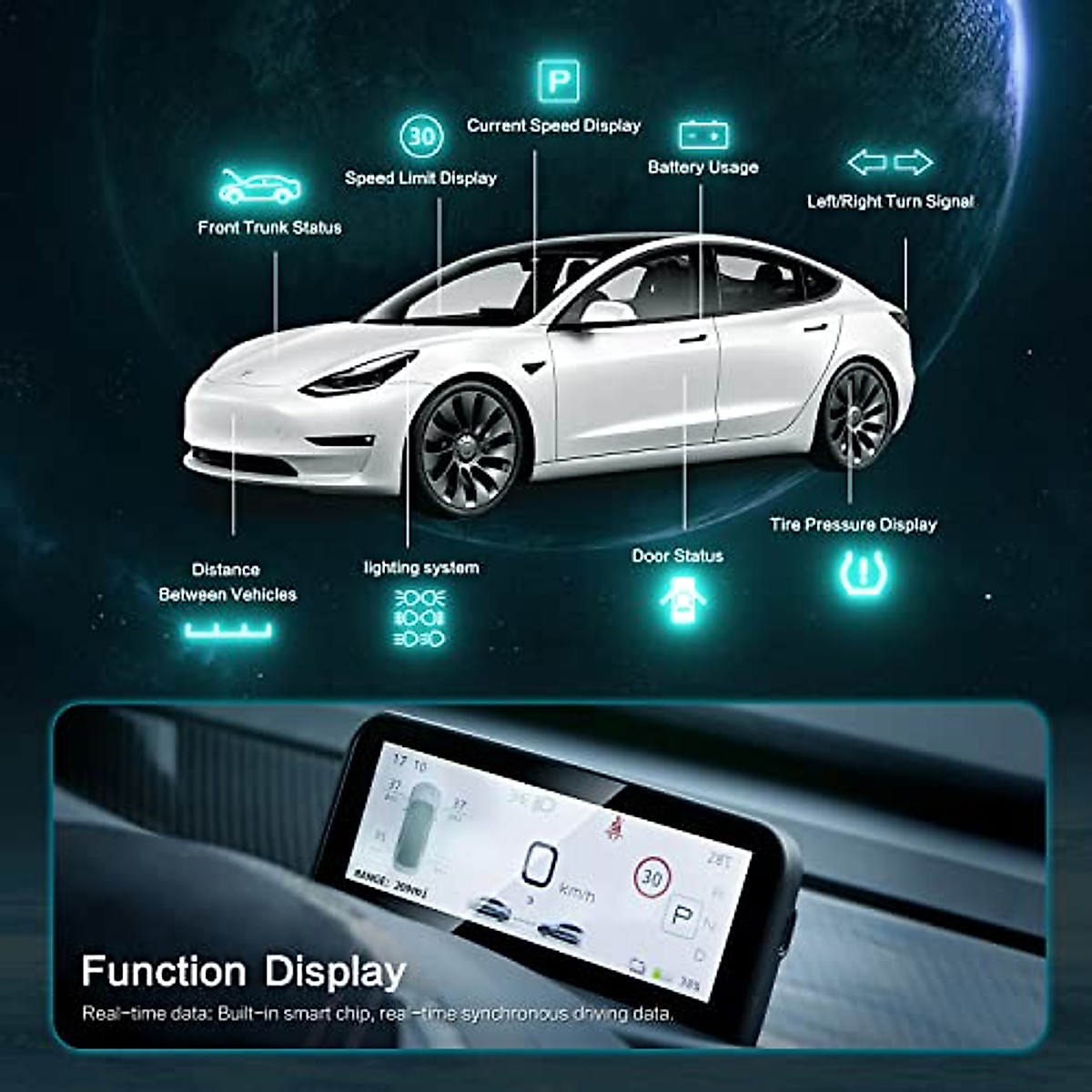 Tesla 4.6'' Head Up Ultra Mini Screen Display for Model 3/Y, Embedded Design HUD Car Dashboard LCD Smart Instrument Tesla Accessories