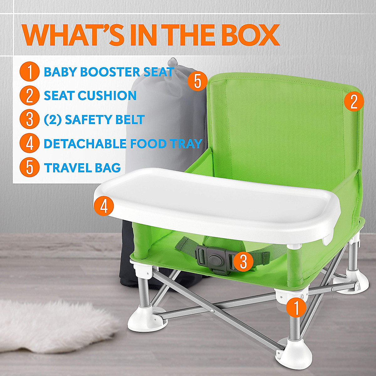 Serene Life Baby Seat Booster -Space Saver Toddler Booster Seat - Portable Pop and Open Sit Folding Booster Feeding Chair - Safety Belt/Food Tray/Travel Bag - SereneLife SLBS66G