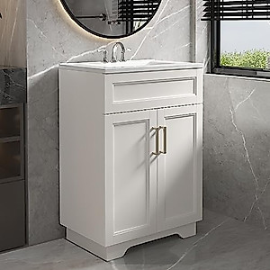 Bathroom Vanity with Sink 24 Inch, Wooden Double Door Bathroom Storage Vanity, Small Quick Assembly Bathroom Cabinet, White & Grey, White - Faucets and Downpipes Not Included (White)