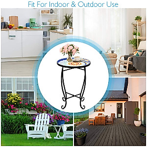 RELAX4LIFE Side Table Outdoor Mosaic Round 14 Inch W/Glass Table Top and Steel Fram for Patio, Lawn, Garden, Balcony and Home, Small End Table (Navy)