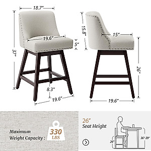 Cozyman 26 Inch Bar Stools Set of 3, Light Gray Swivel Counter Stools with Back, Linen Fabric Upholstered Barstools, Solid Wood Legs with Footrest, Modern Bar Stool for Kitchen Island, Pub