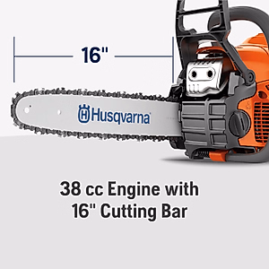 Husqvarna 130 Gas Powered Chainsaw, 38-cc 2-HP, 2-Cycle X-Torq Engine, 16 Inch Chainsaw with Automatic Oiler, For Wood Cutting and Tree Pruning, Orange