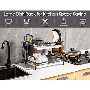 Supercenter Dish Drying Rack,2 Tier Dish Racks for Kitchen Counter with Drainboard,Rust-Resistant Drying Rack with Cutting Board Holder,Black