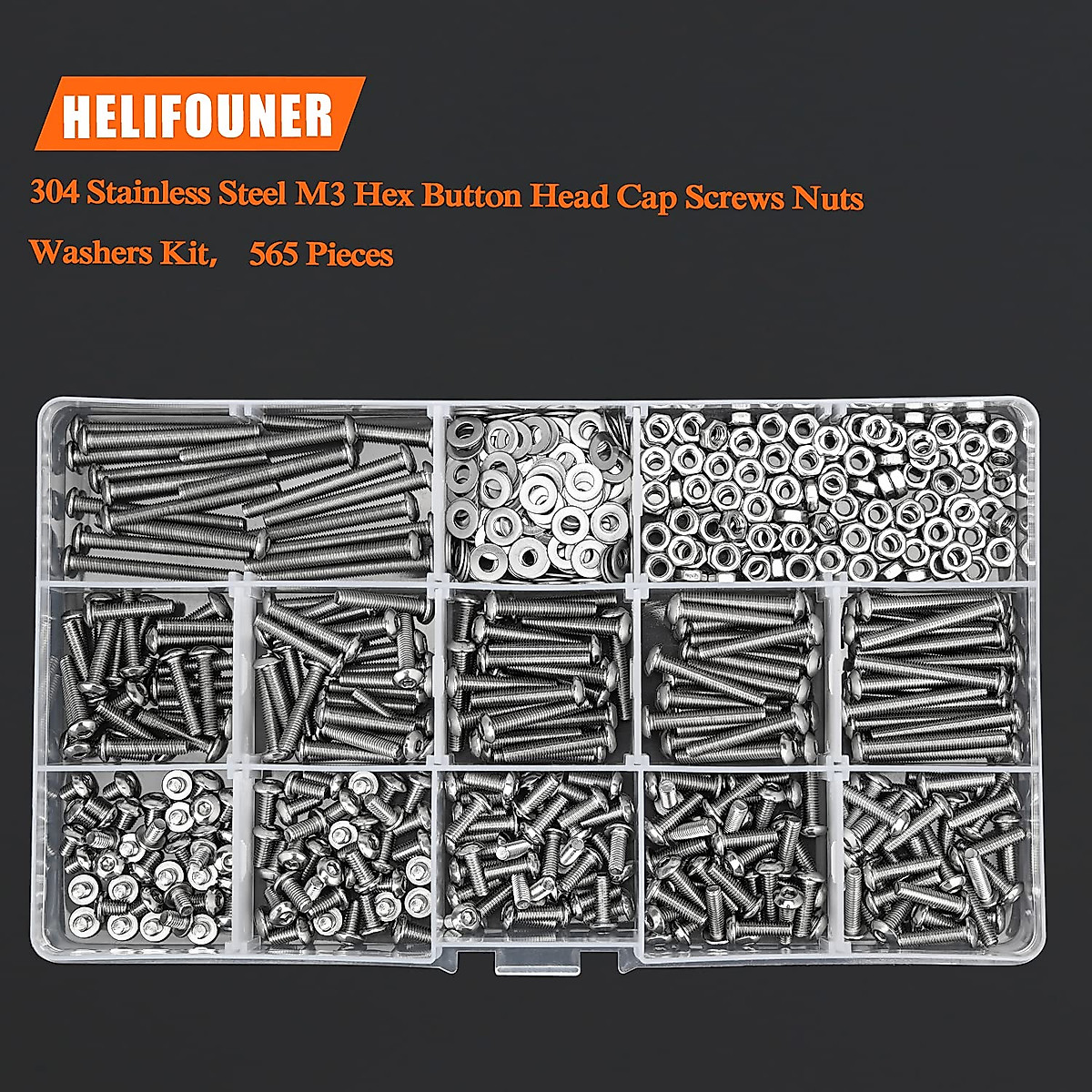 HELIFOUNER 565 Pieces M3 x 4mm /6mm /8mm /10mm /12mm /14mm /16mm /18mm /20mm /25mm / 30mm, Button Head Socket Cap Metric Screws Bolts Washers Nuts Kit, 304 Stainless Steel