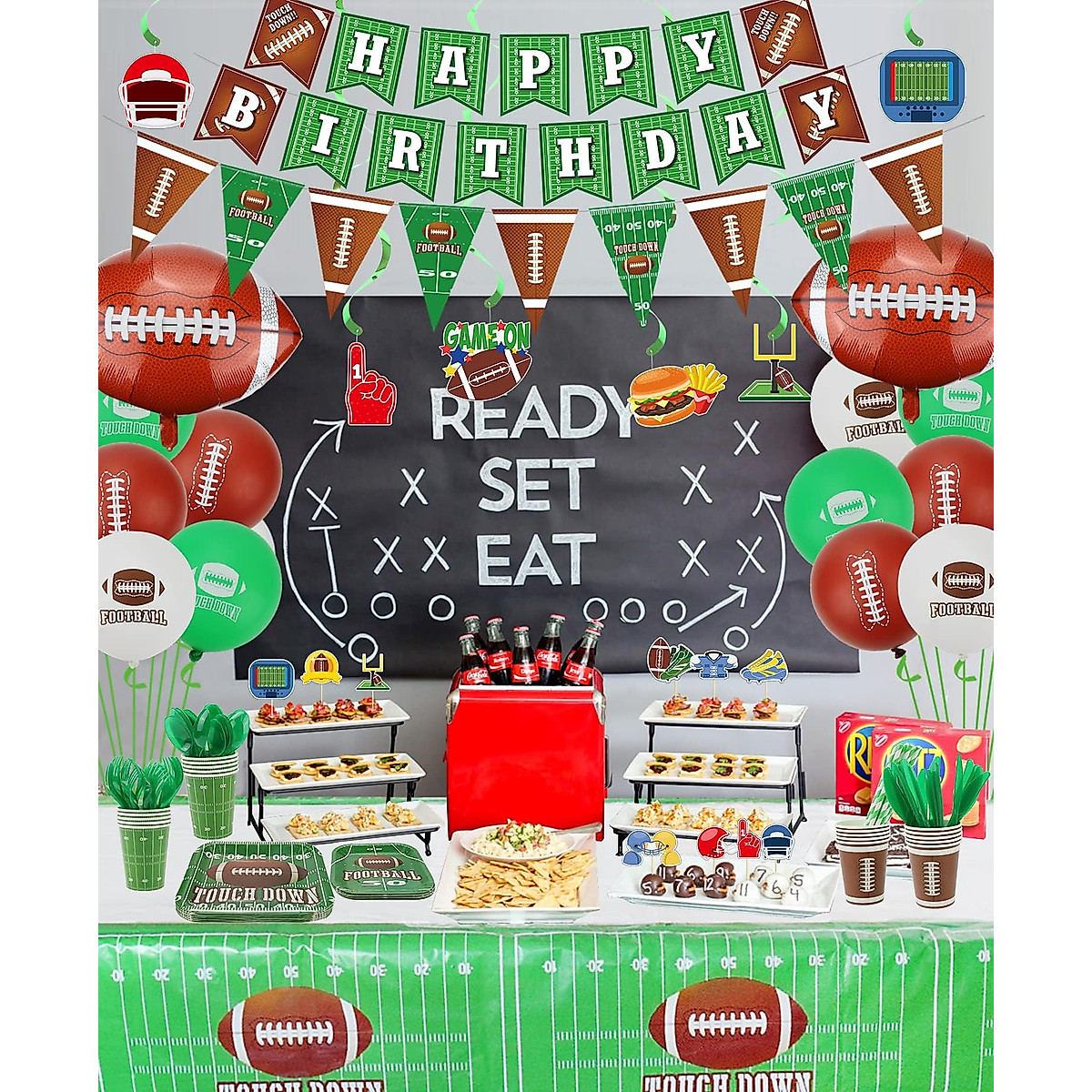 Football Theme Party Supplies,Including Birthday Banner, Football Silicone Bracelet, Hanging Swirl, Plates, Cups, Napkins, Tableware, Tablecloth, Football Birthday Party Decorations, Serves 20