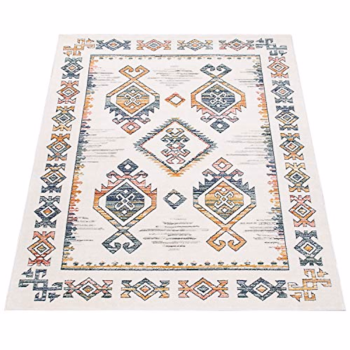 Ethnic Design Area Rug in Beige with Colorful Boho Pattern, Size: 3'11" x 5'7"