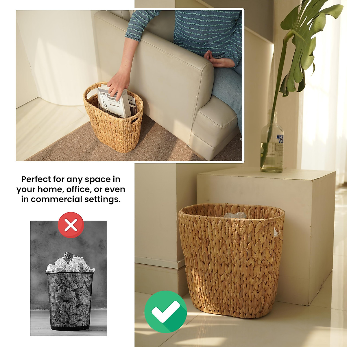 TIDITA 3.2 Gallons Wicker Waste Basket - Trash Basket with Handles - Wastebaskets for Bedroom, Bathroom, Kitchen, Living Room, Office - Handwoven Trash Can for Under Sink, Garbage Can (Water Hyacinth)