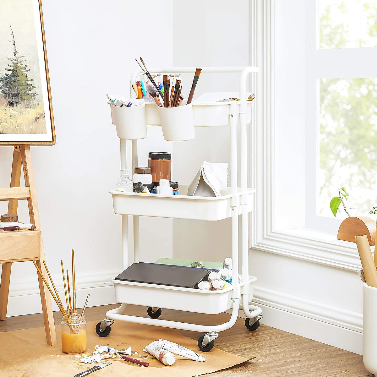 SONGMICS Rolling Cart, 3-Tier Storage Cart, Storage Trolley with Handle 2 Small Organizers, Steel Frame, Plastic Baskets, Utility Cart, Easy Assembly, for Bathroom Laundry Room, White UBSC067W01