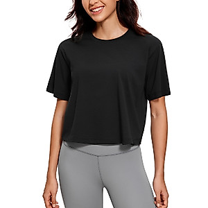 CRZ YOGA Womens Loose Fit Cotton Polyester Short Sleeve Shirts Crop Tops Casual Workout T-Shirts Black Medium