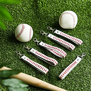 Inbagi 6 Pcs Leather Baseball Keychains for Boys White Seamed Keychain Sports Softball Keychains Baseball Gifts for Boys Wristlet Strap Keychain for Car Purse Accessories Players Sports Team Souvenir