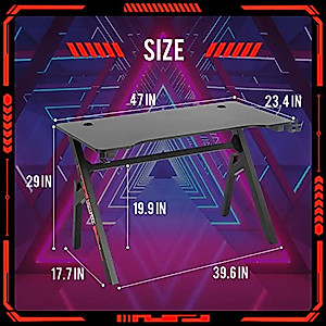 Computer Desk Gaming Desk Student PC Desk Writing Desk Office Desk Modern Ergonomic Racing Style Table Workstation Carbon Fiber Headphone Hook (47in, Red)