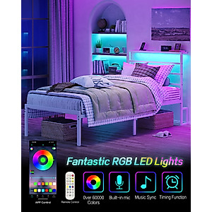 CollaredEagle Twin Size Bed Frame with Headboard, Metal Platform Bed Frame with Charging Station, Heavy Duty Platform Bed Frame with LED, Easy Assembly, White