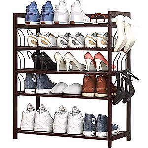 Bamboo Shoe Rack,Sundries Rack Kitchen Shelf 5 Tier Wooden Shoe Shelf Storage Organizer with Additional Hangers,Perfect for Entryway,Hallway, Bathroom Closet or Living Room (Brown)