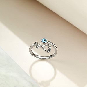 AOBOCO Sterling Silver Stethoscope Heartbeat EKG Ring, Simulated Aquamarine Crystal from Austria, Doctor Nurse Jewelry Medical Gifts for Women, RN Gifts for Nurse Female Graduation Nurse Week(Blue)