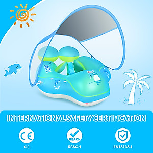LAYCOL Baby Swimming Pool Float with Removable UPF 50+ UV Sun Protection Canopy,Toddler Inflatable Pool Float for Age of 3-36 Months,Swimming Trainer (Blue, L)