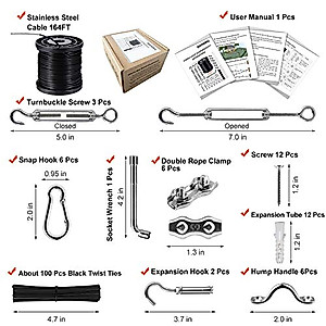 String Lights Hanging Kit,Globe String Lights Suspension Kit,Outdoor Light Guide Wire,Includ 164 FT Nylon-Coated Stainless Steel Wire Rope Cable,Turnbuckle and Hooks,Enough Accessories,Use Manual