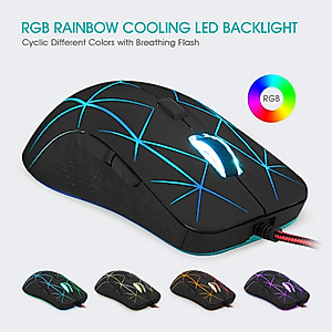 Rii RGB Wired Gaming Mouse, USB Optical Computer Mice with 6 Buttons,3200 DPI Adjustable,7 Color Backlit for Laptop PC Gamer Computer Desktop