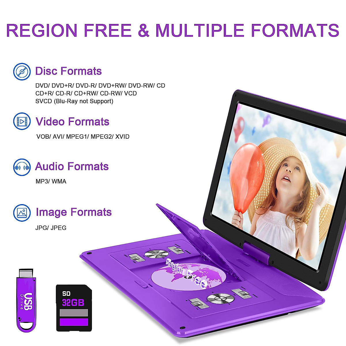 𝗝𝗘𝗞𝗘𝗥𝗢 17.9" Portable DVD Player with 15.6" Large Screen, 6 Hours 5000mAh Rechargeable Battery, Region Free, DVD Player Portable for Kids, Sync TV and Support CD/DVD/SD Card/USB, Car Charger